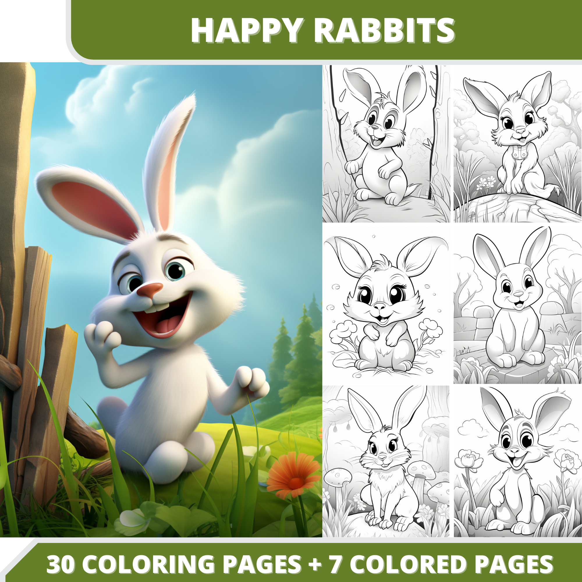 30 Happy Rabbits Coloring Pages 7 Colored Images Cover Bonus, Printable ...