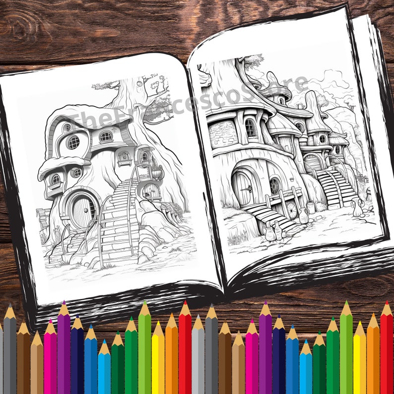 50 Hobbit House Coloring Book, Printable PDF, Hobbit Home Grayscale ...