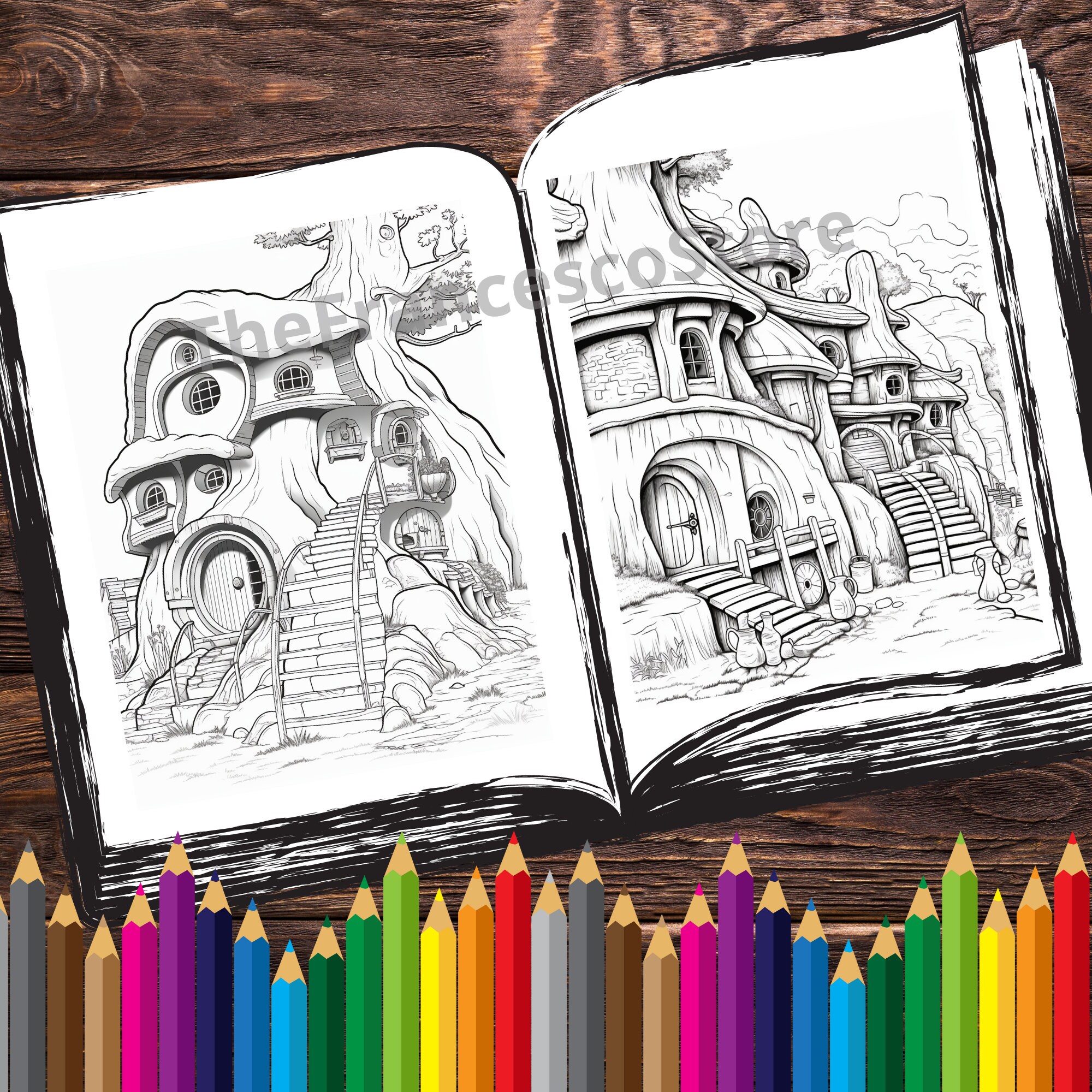 50 Hobbit House Coloring Book, Printable PDF, Hobbit Home Grayscale ...
