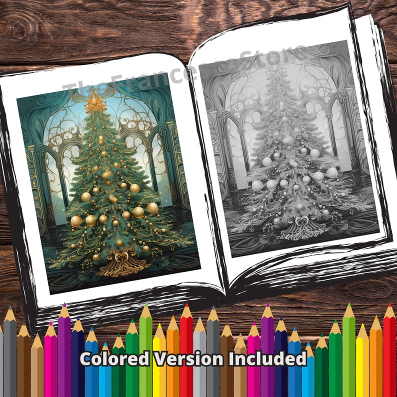 25 Christmas Trees Coloring Pages 8 Colored Images Cover Bonus ...