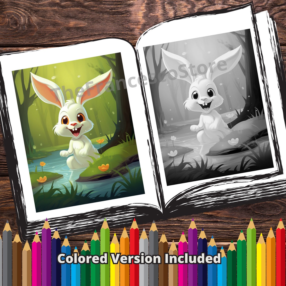 Happy Rabbits Coloring Book: 30 Grayscale Pages + 7 Colored Images ...