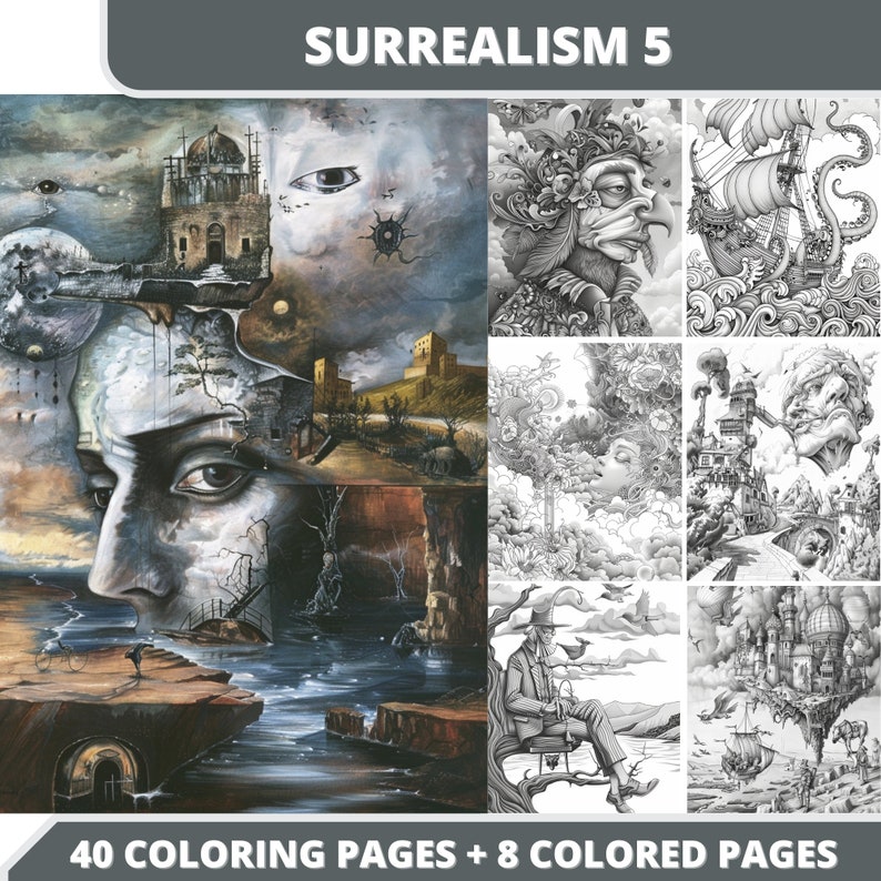 40 Surrealism 5 Coloring Pages 8 Colored Images Cover Bonus, Printable PDF, Grayscale Coloring ...