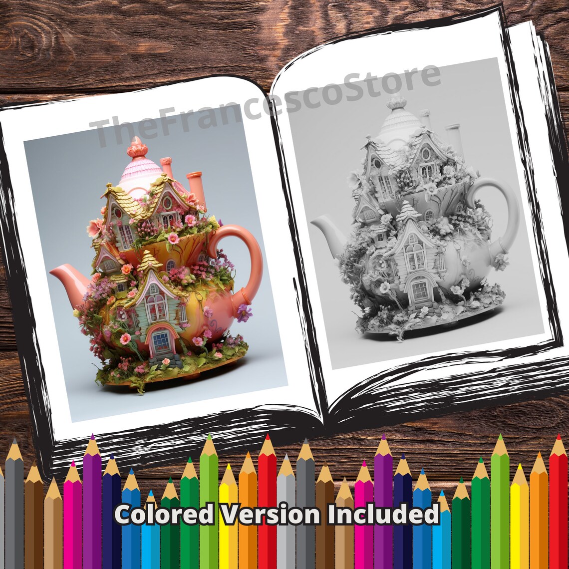 Teapot Fairy House Coloring Book: 48 Grayscale Pages (printable PDF) - Etsy