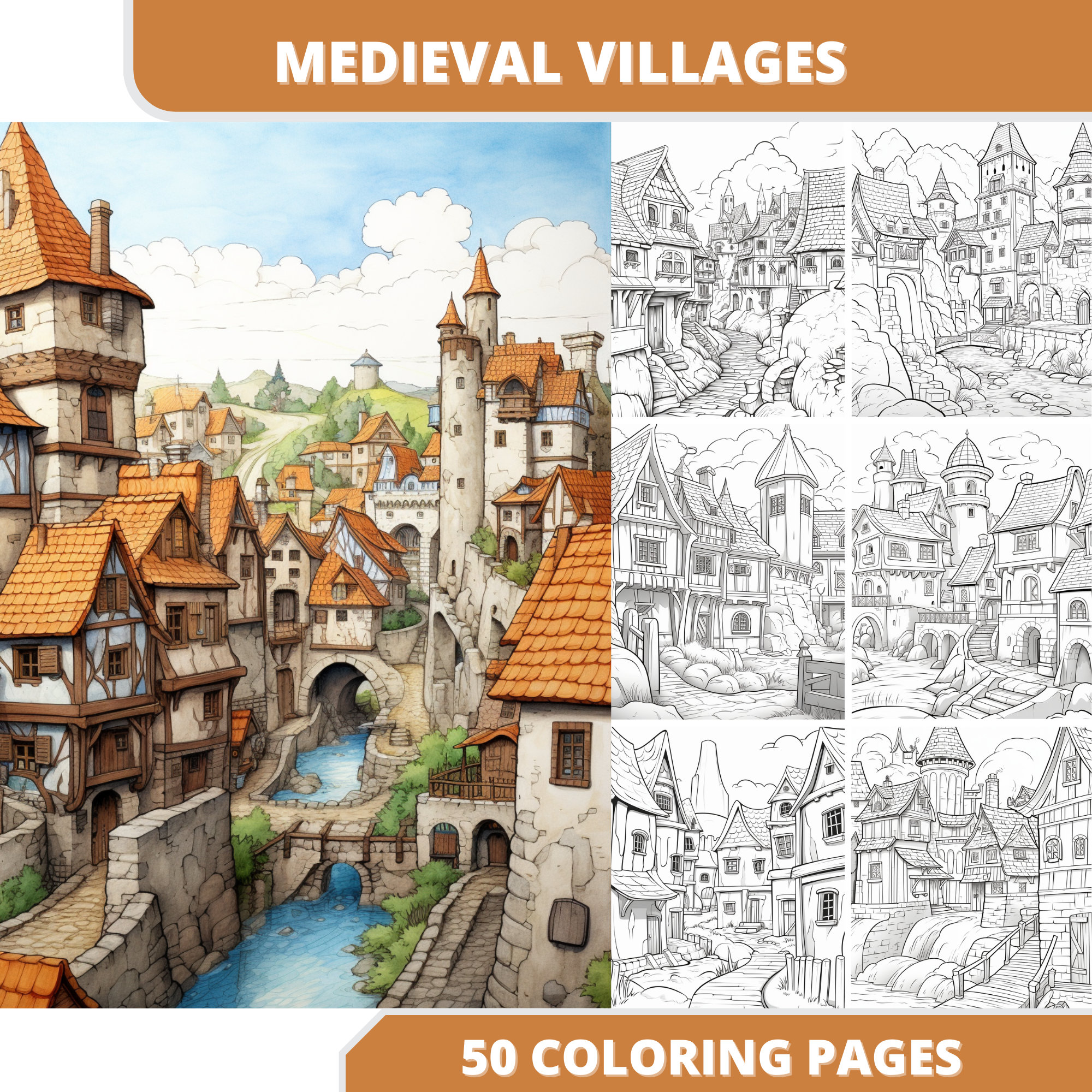 Medieval Villages 50 Coloring Pages Coloring Book Digital - Etsy
