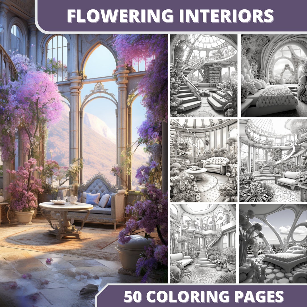 50 Flowering Interiors House Coloring Book, Printable PDF, House Flowers, Beautiful House ...