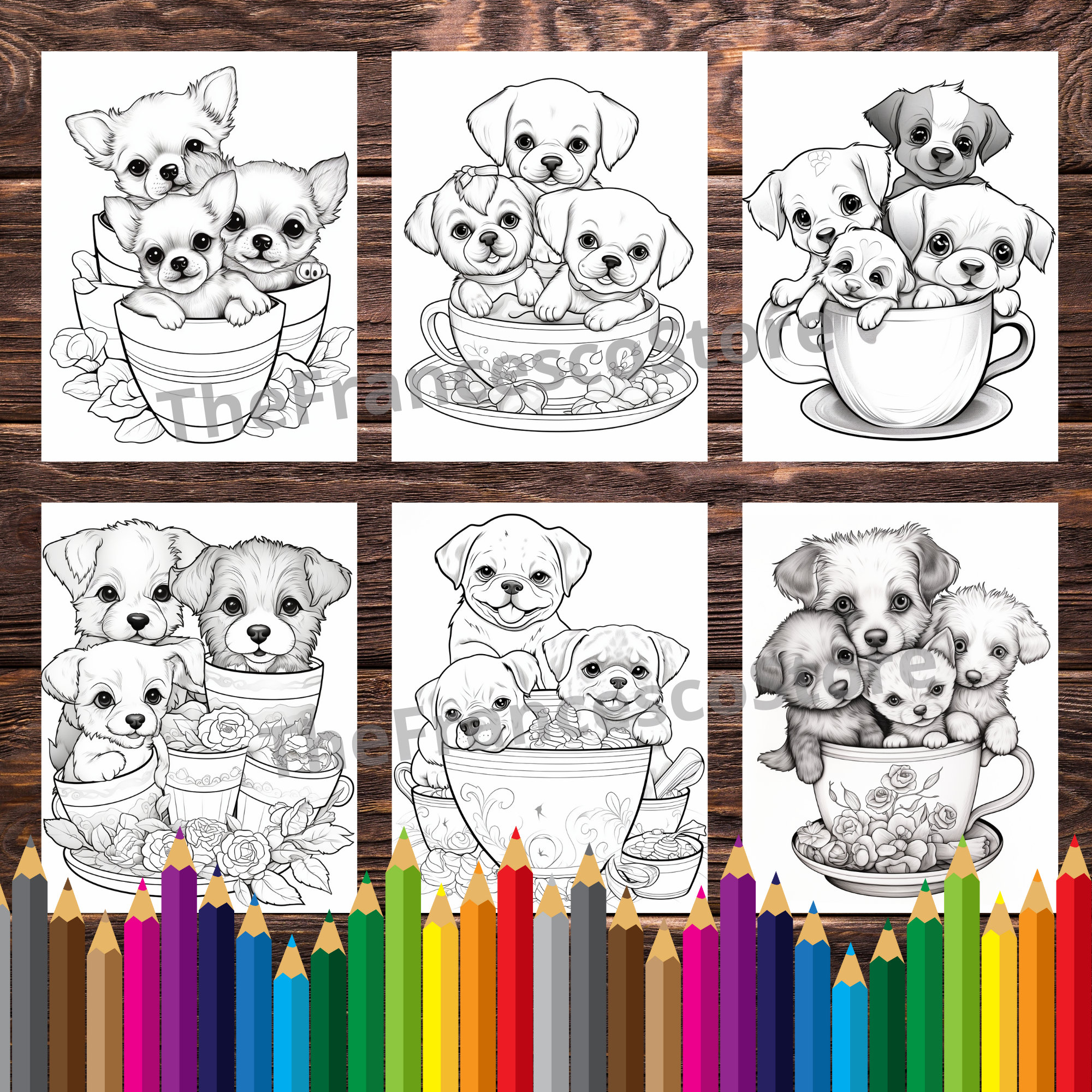30 Pups in Cups Coloring Page, Adults, Kids, Printable PDF, Instant ...