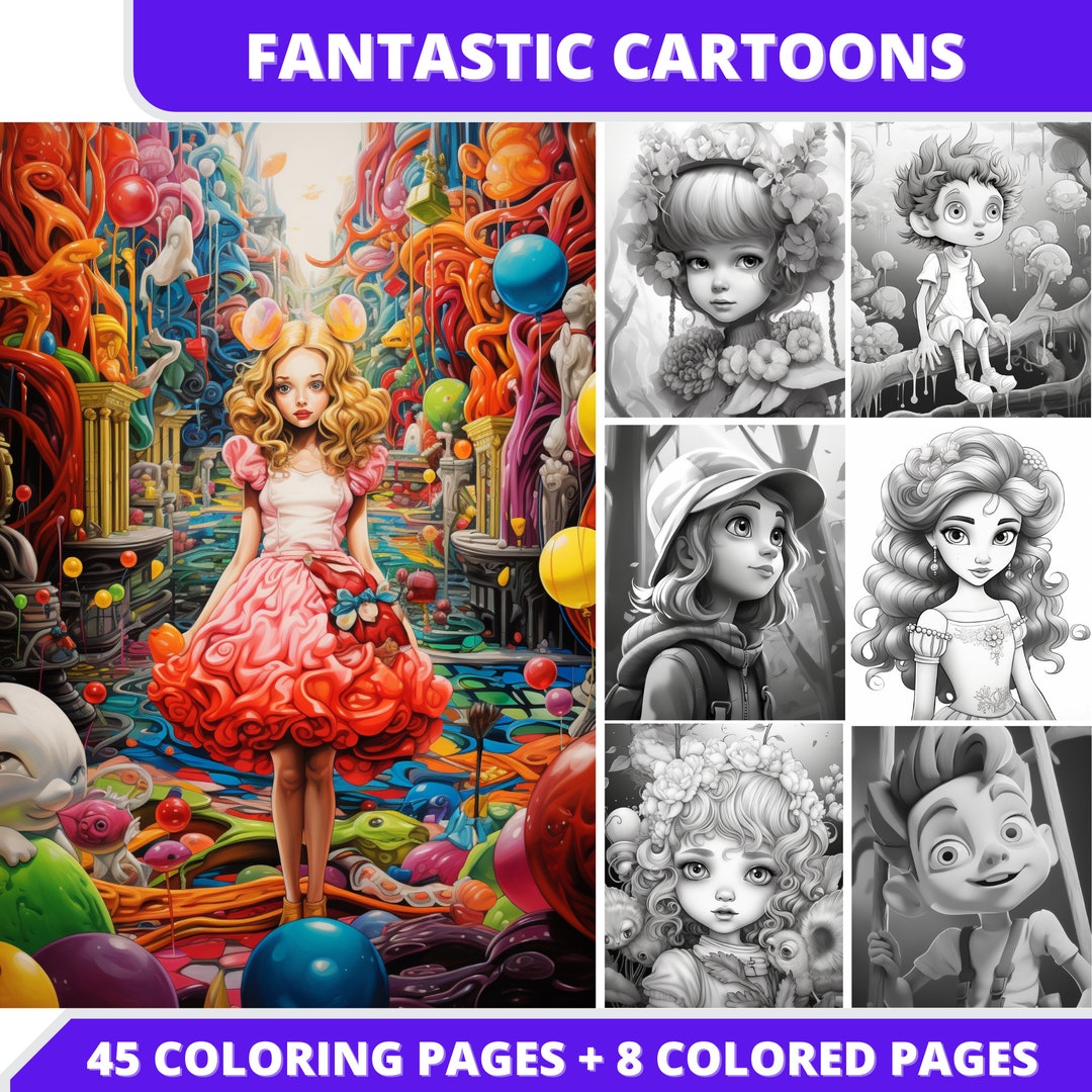 45 Fantastic Cartoons Coloring Pages + 8 Colored Images + Cover Bonus ...