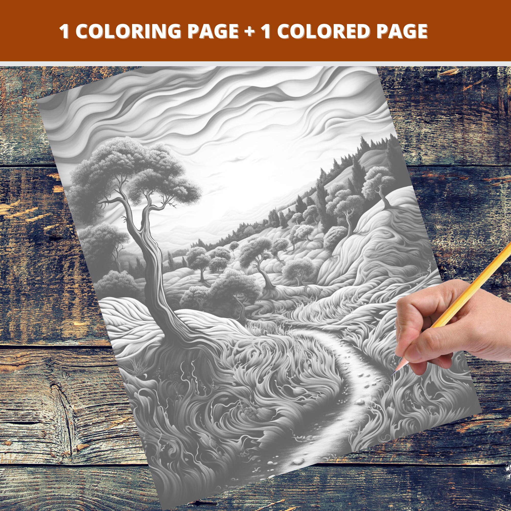 Landscape 1 Coloring Page, Colored Page Included, Printable PDF ...