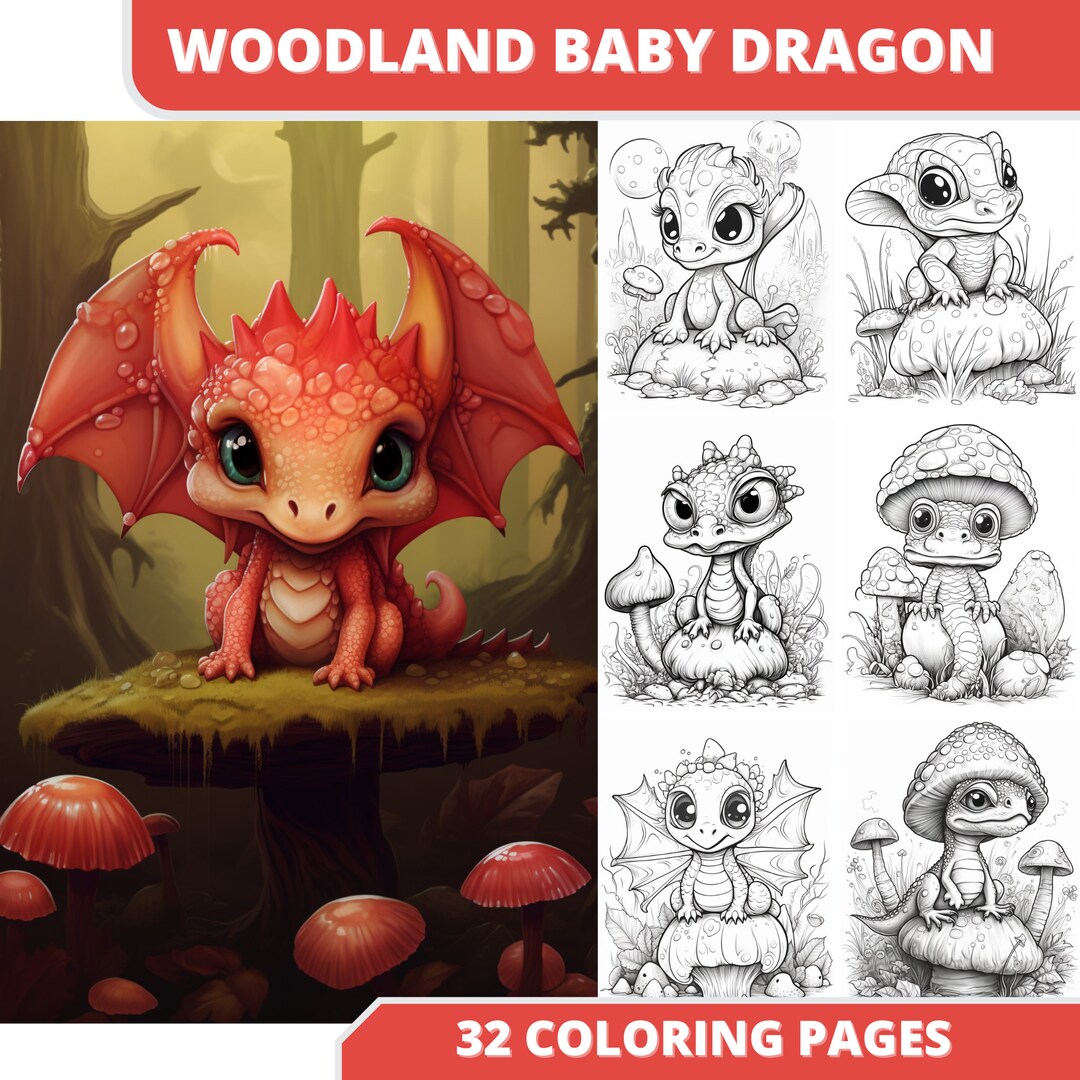 32 Baby Woodland Dragon Fantasy Coloring Pages Book, Gift for Girls ...