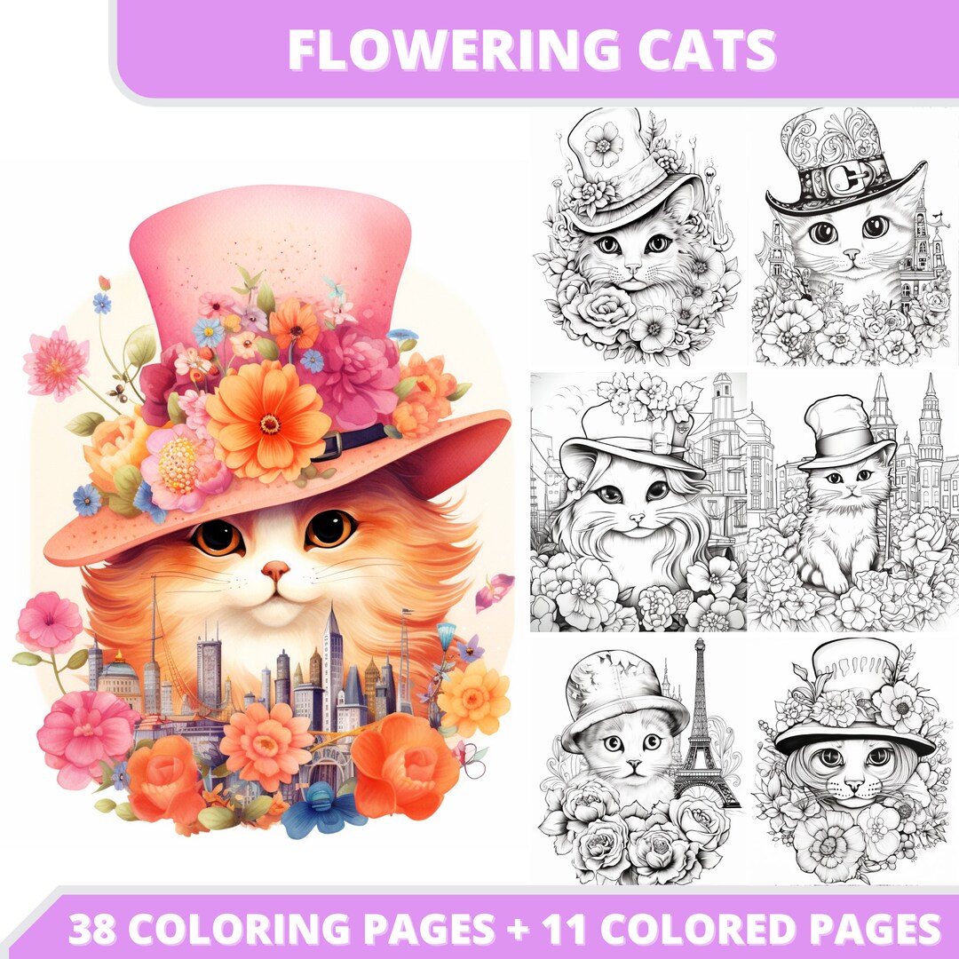 Flowering Cats, 38 Coloring Pages + 11 Colored Images + Cover Bonus ...