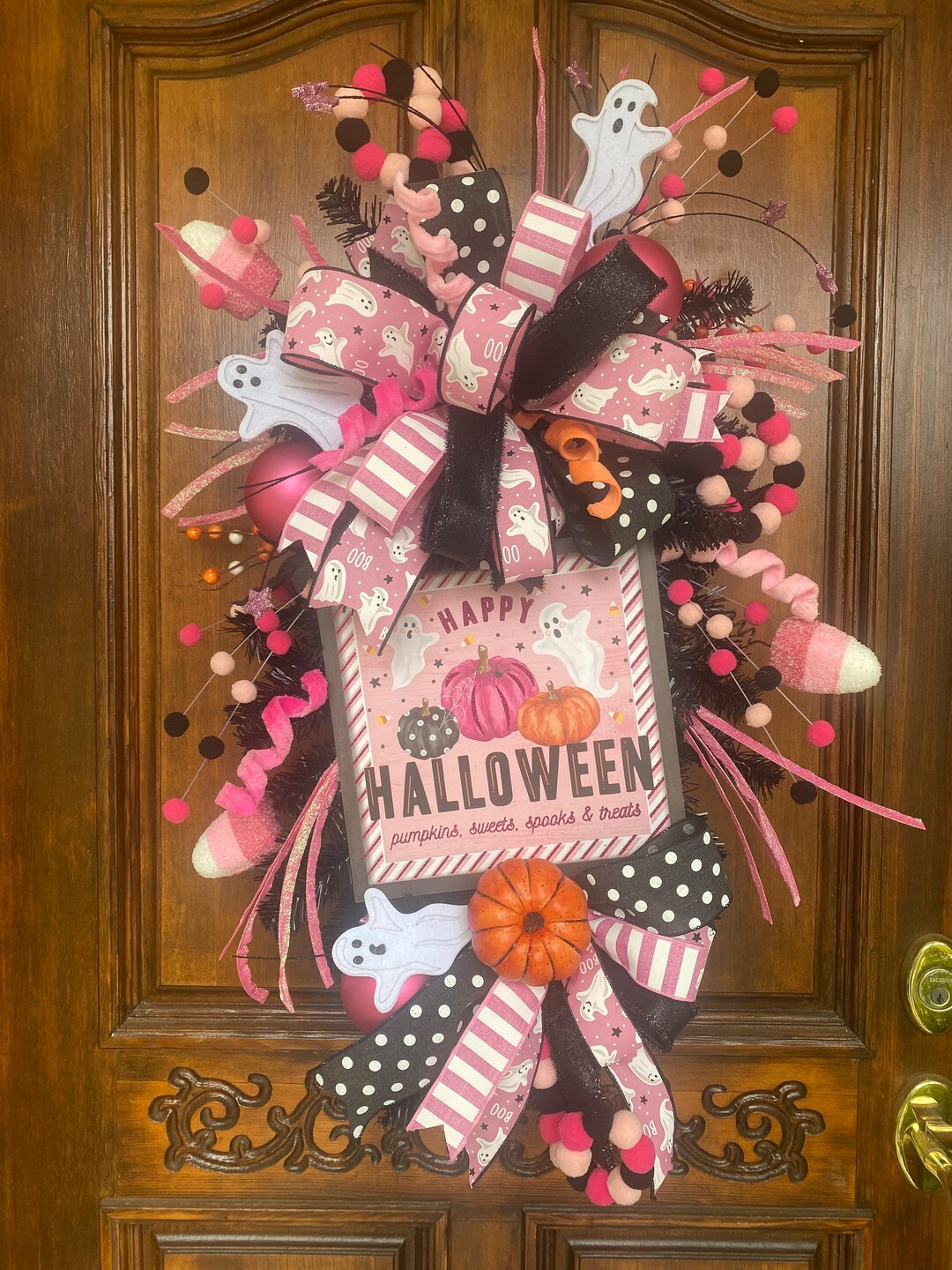 Pink Spooky Halloween Door Swag - Fun Ghosts, Pumpkins, Candy and Pom ...