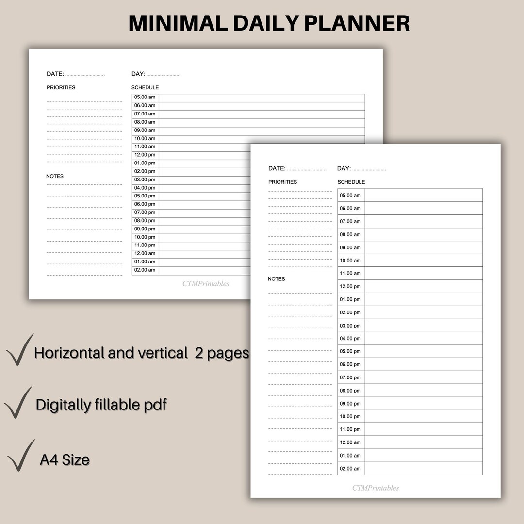 Minimalist Daily Planner Printable, Digitally Fillable Page, Undated ...