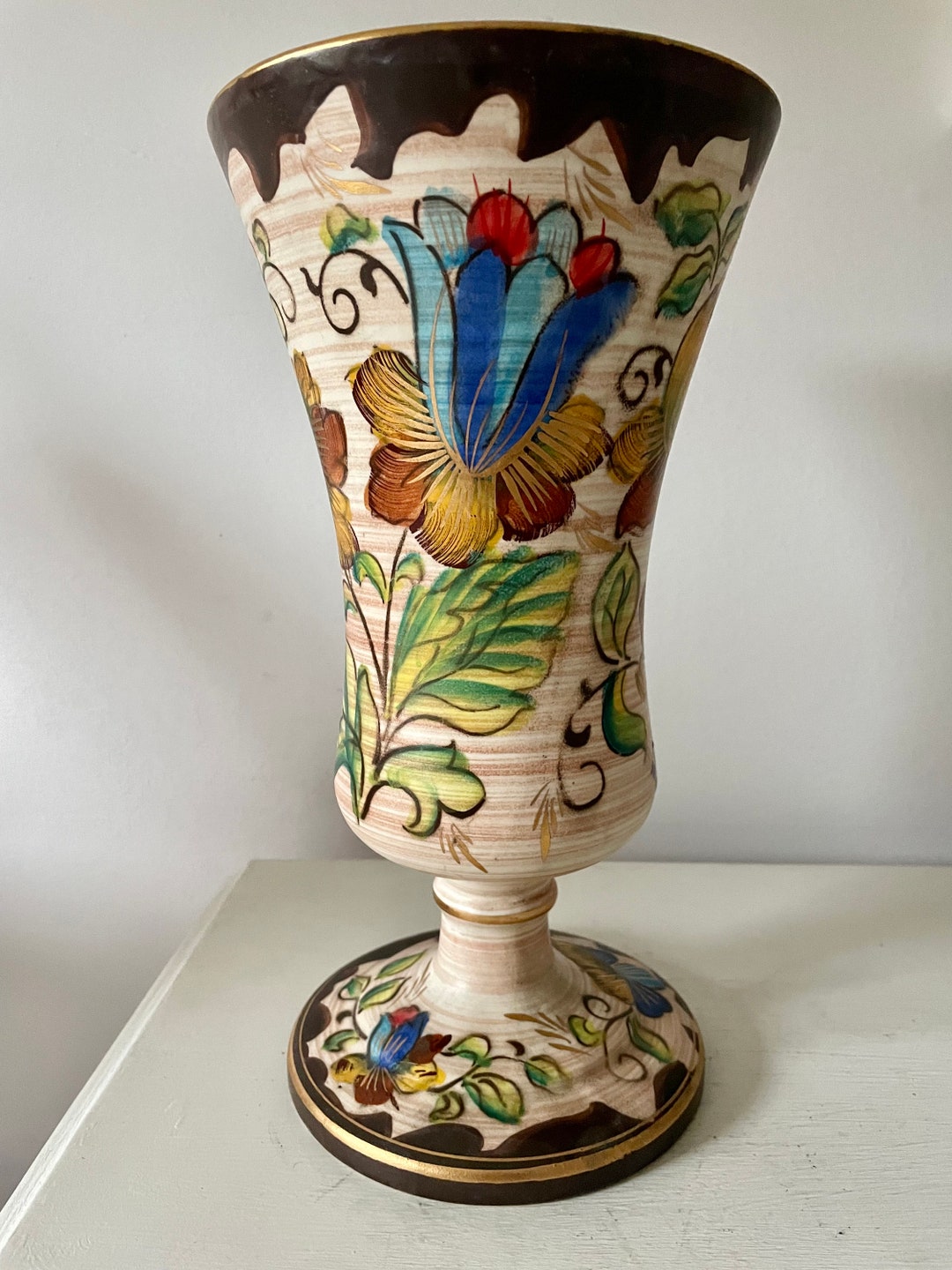 Vintage Hubert Bequet Pedestal Vase: Belgian Floral Earthenware - Etsy