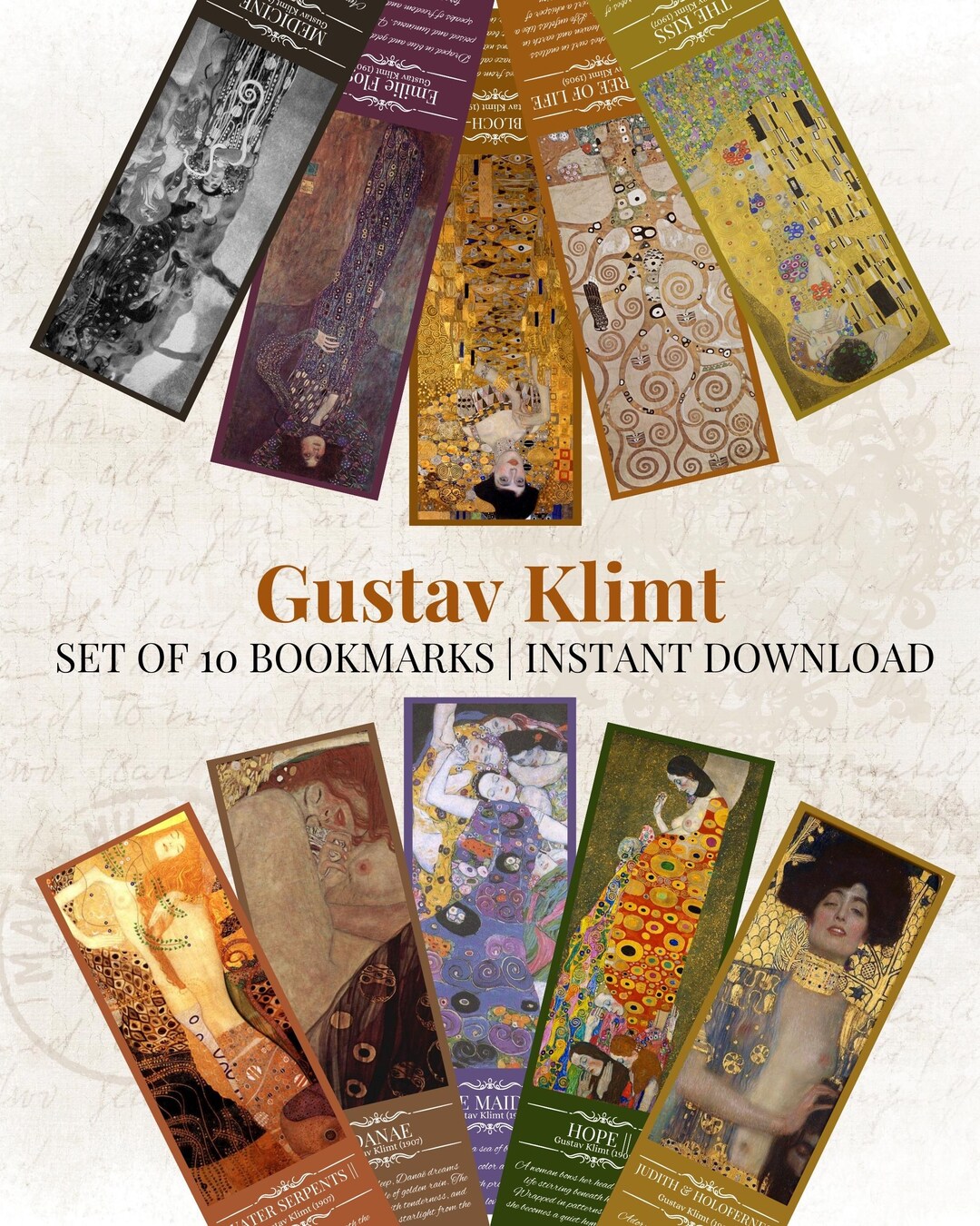 Gustav Klimt Bookmarks | Art Nouveau Gold Art (digital Download - Etsy