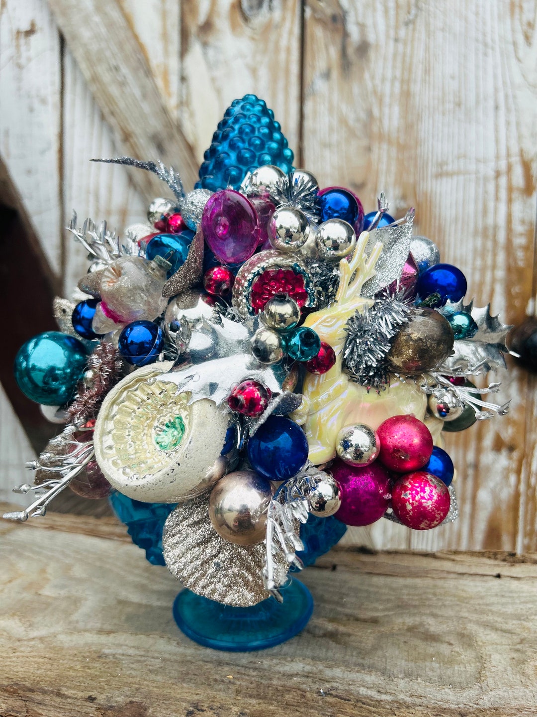 Teal and Fuchsia Topiary Curated With Rare Vintage Ornaments, Garlands ...