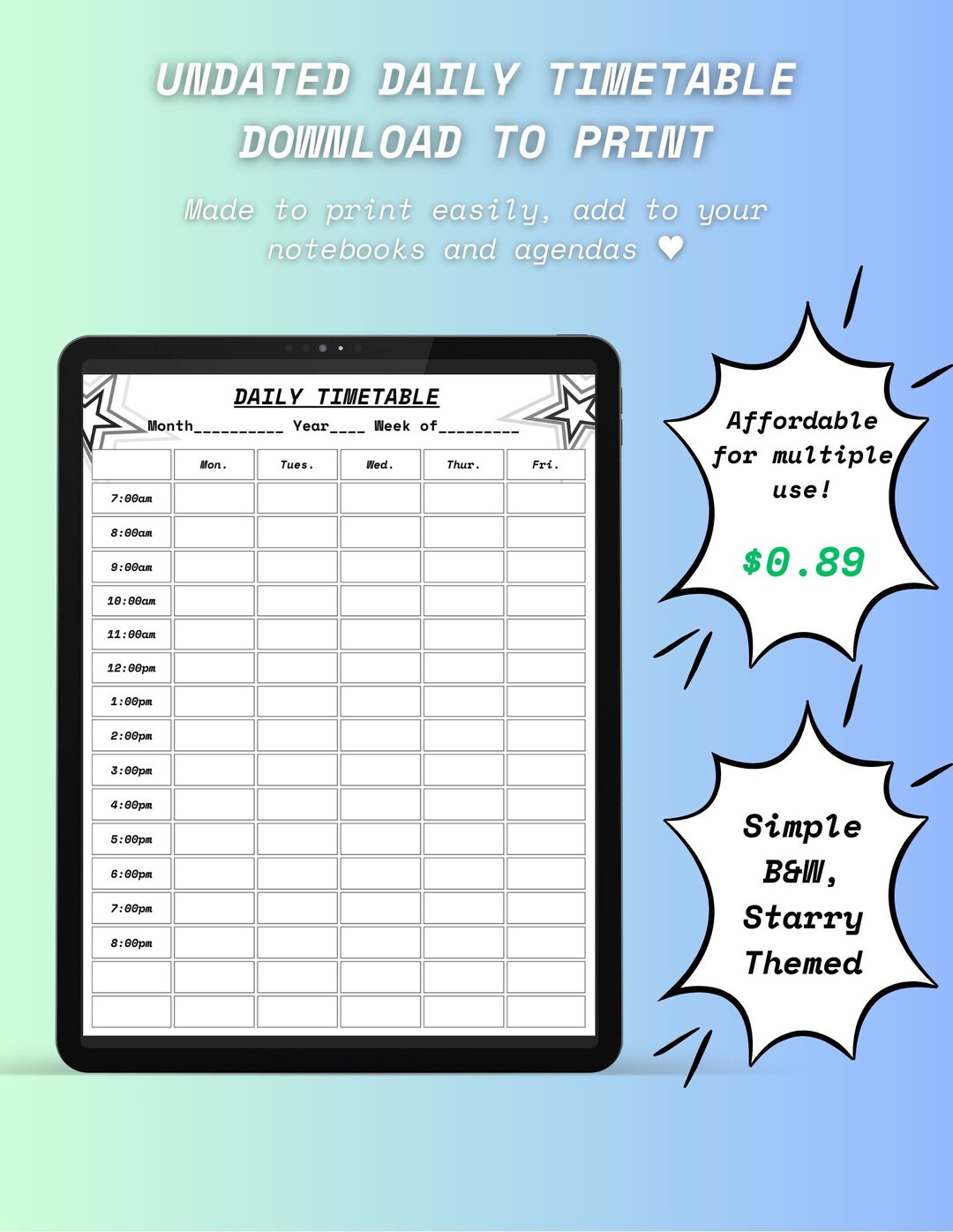 NEW** Undated Daily Timetable, Digital Download, Printable PDF, *single ...