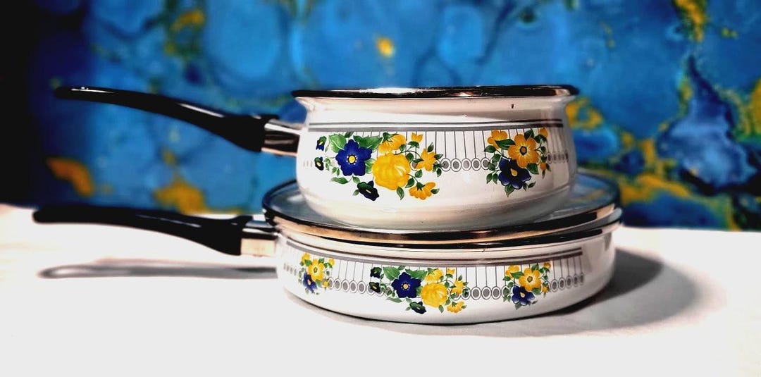 Vintage 70's ASTA Sweet Flowers Enamelware, Indonesia Cookware Set of 2 ...