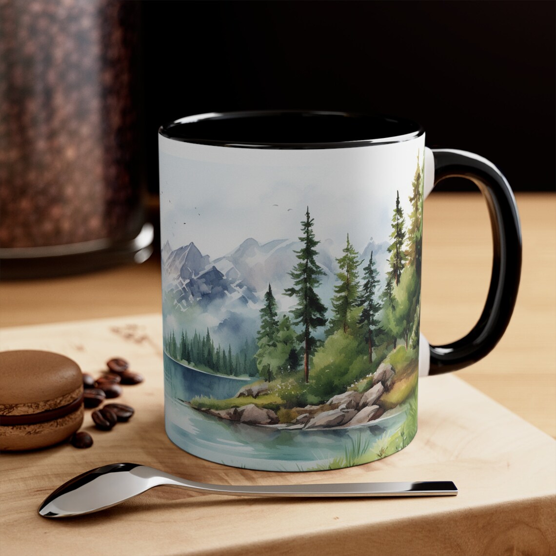 Watercolor Tree Mountain Mug, Ceramic Tree Mug, Lumberjack Coffee Mug ...