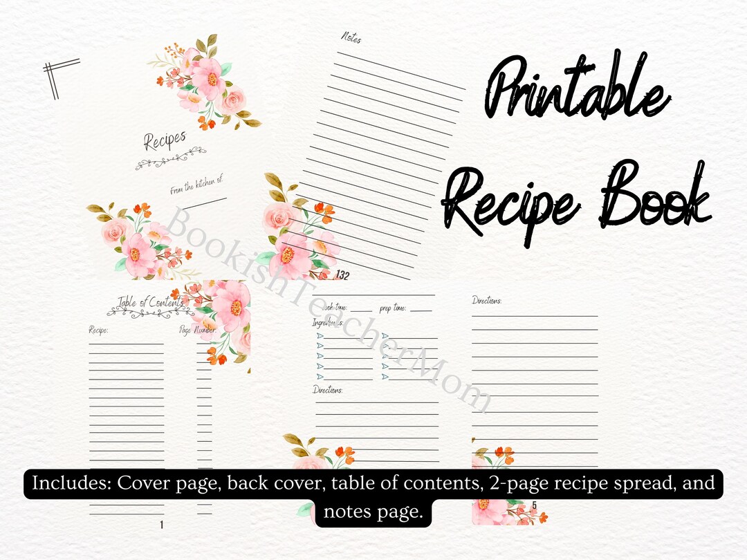 Print at Home Recipe Book Floral Recipe Book PDF Recipe Book Pink ...