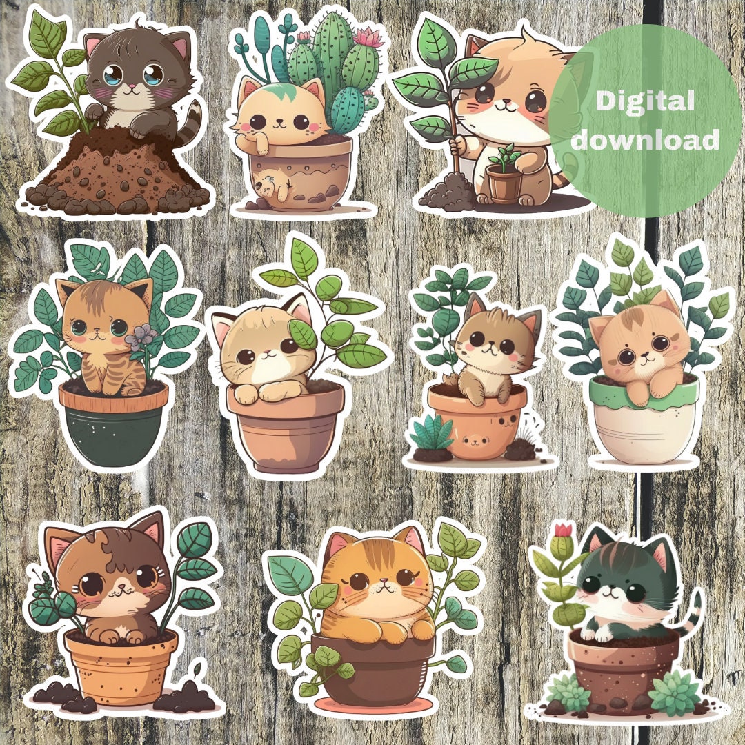 Cat + Plant - Cat Clipart - Digital Stickers - Png Bundle - Kitty Cat ...