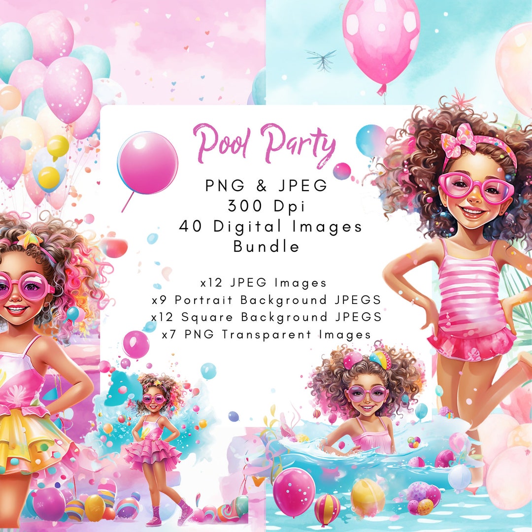 Birthday Clip Art Bundle, Pool Party, Watercolour Illustrations, Girl ...