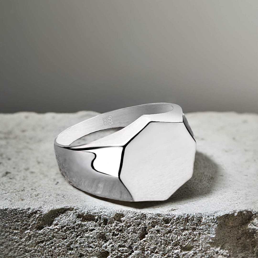 925 Sterling Silver Hexagon Signet Ring - Polished Silver Band - Etsy