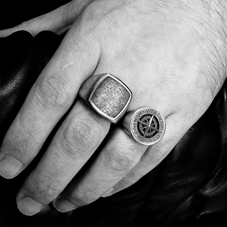 Oxidized Sterling Silver Compass Signet Ring - Latin Motto - Etsy