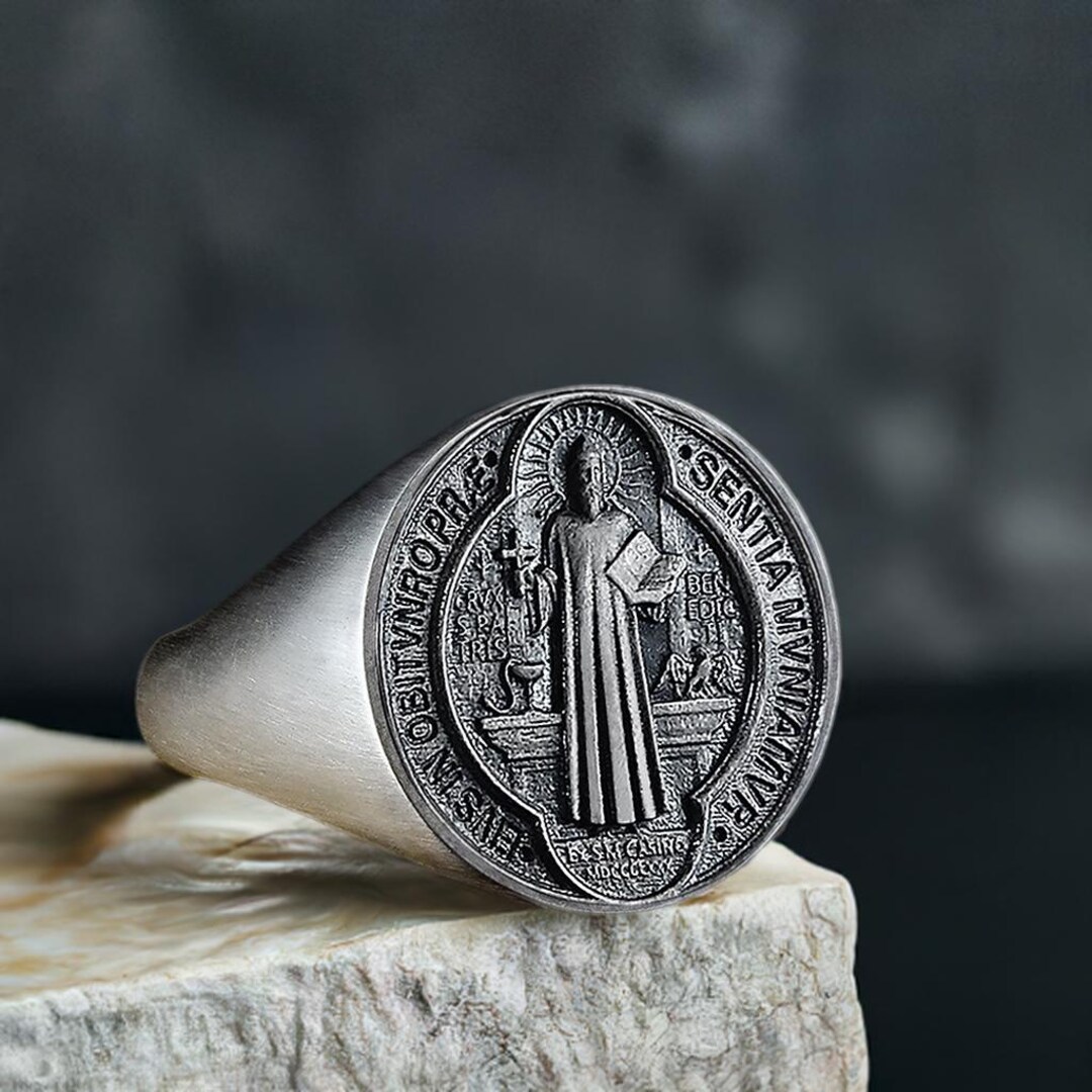 Sterling Silver St Benedict Ring, Latin Quote, Catholic Jewelry Gift - Etsy