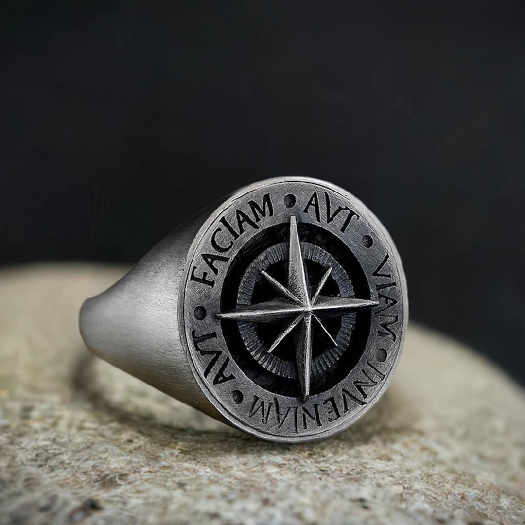 Oxidized Sterling Silver Compass Signet Ring - Latin Motto - Etsy
