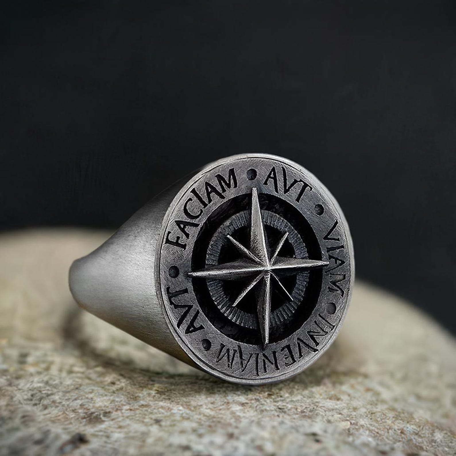Oxidized Sterling Silver Compass Signet Ring - Latin Motto - Etsy