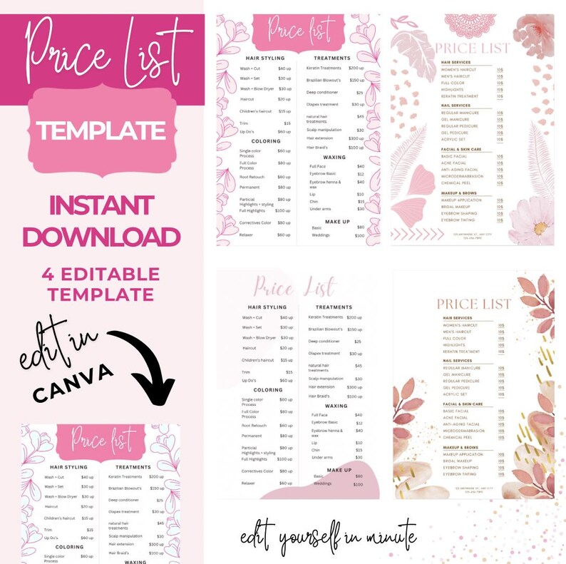 Pink Price List Template Editable, INSTANT DOWNLOAD, Printable Blush ...