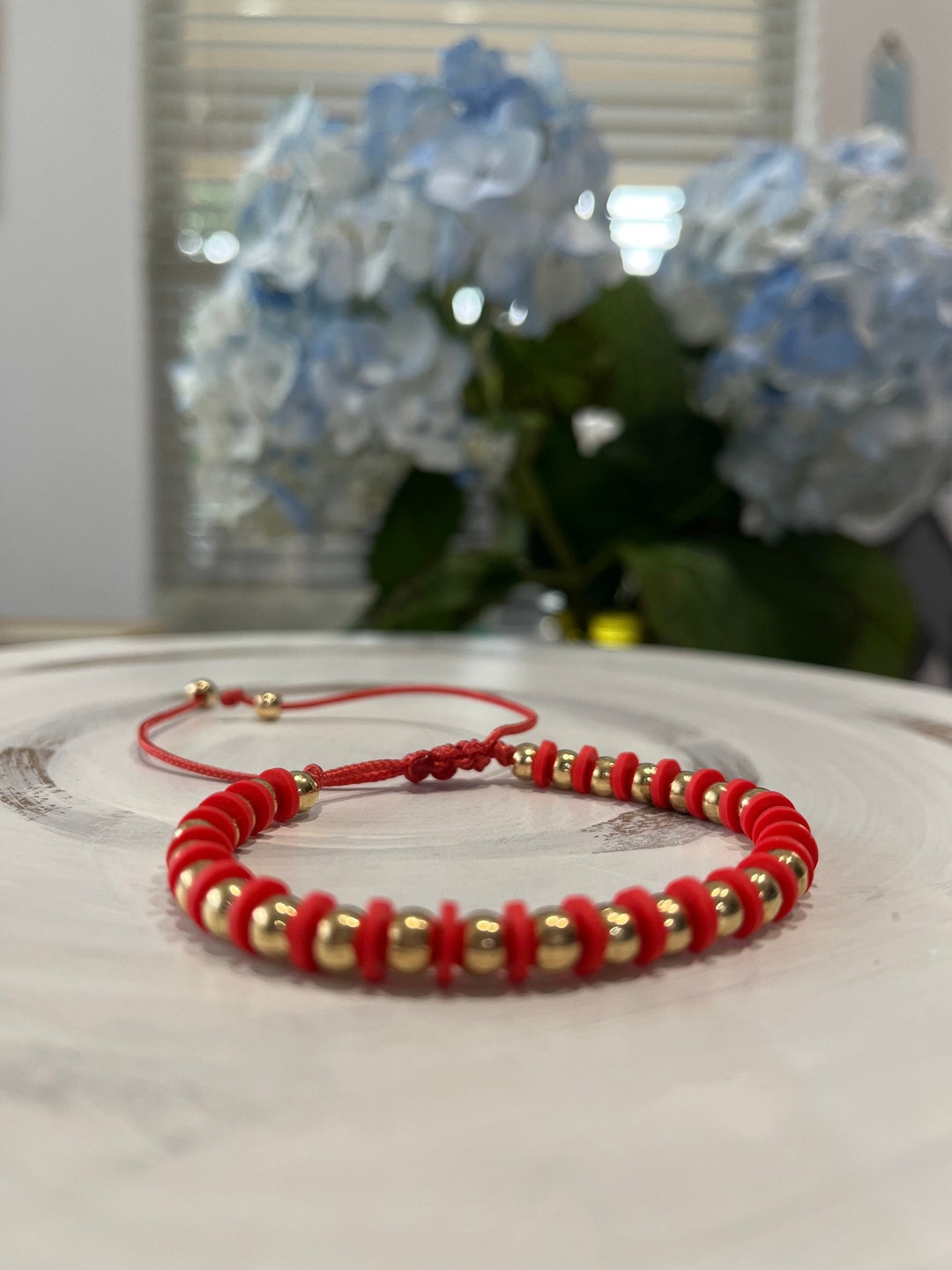 Red and Gold Handmade Bracelet, Adjustable Bracelet, Beads and String ...