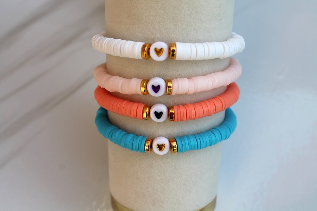 Heart Bead Bracelet With Gold Accents, Custom Heishi Bracelet, Initial ...