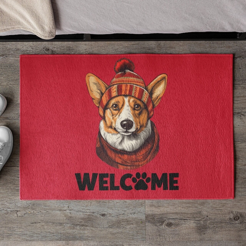 Corgi Winter Season Outdoor Rug, Cozy Christmas Welsh Corgi Welcome Mat ...