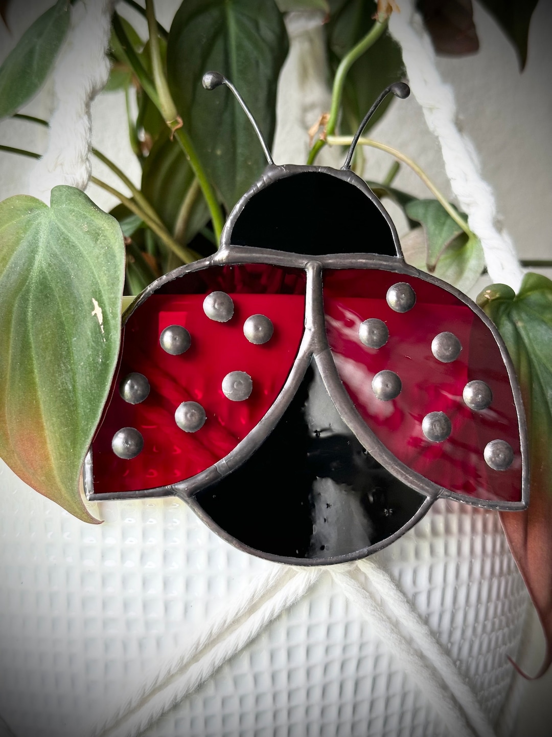 Stained Glass Plant Pot Hanger Stain Glass Ladybug Pot Hanger Handmade ...