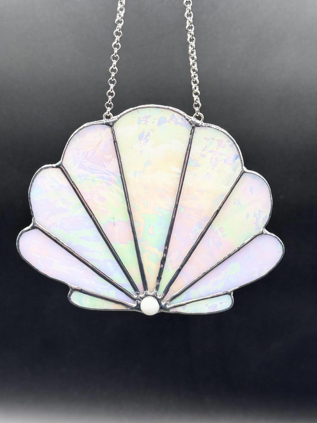 Stained Glass Seashell Stain Glass White Iridescent Seashell Suncatcher ...