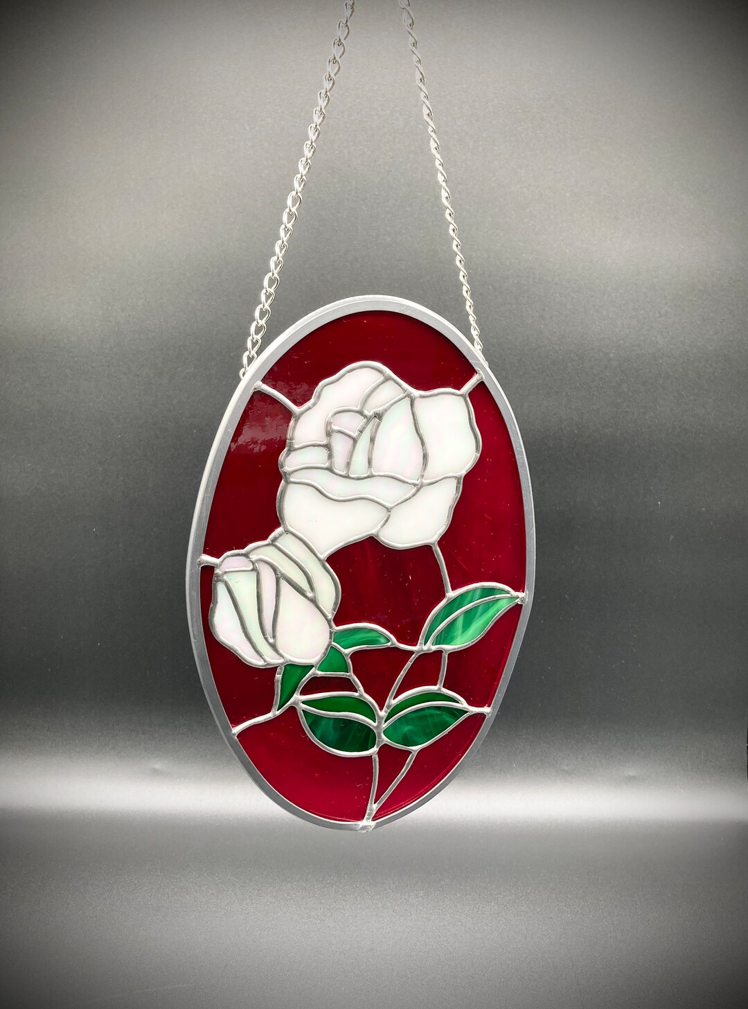Handmade Stained Glass Rose Suncatcher: White, Red & Green - Etsy