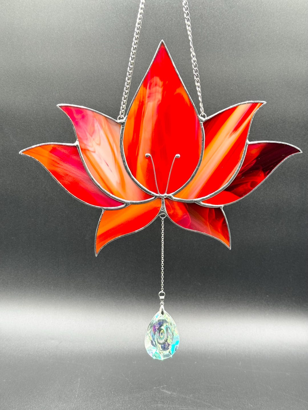 Stained Glass Iridescent Lotus Flower Stain Glass Red Lotus With Jewel ...