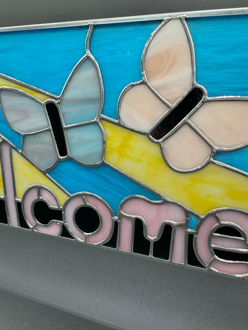 Handmade Stained Glass Welcome Sign: Butterfly Window Panel - Etsy