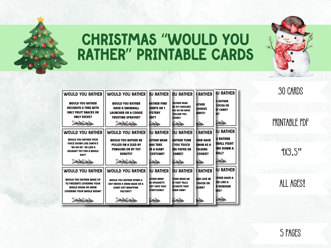 Christmas Would You Rather Game for Kids – 30 Printable Cards, Winter ...