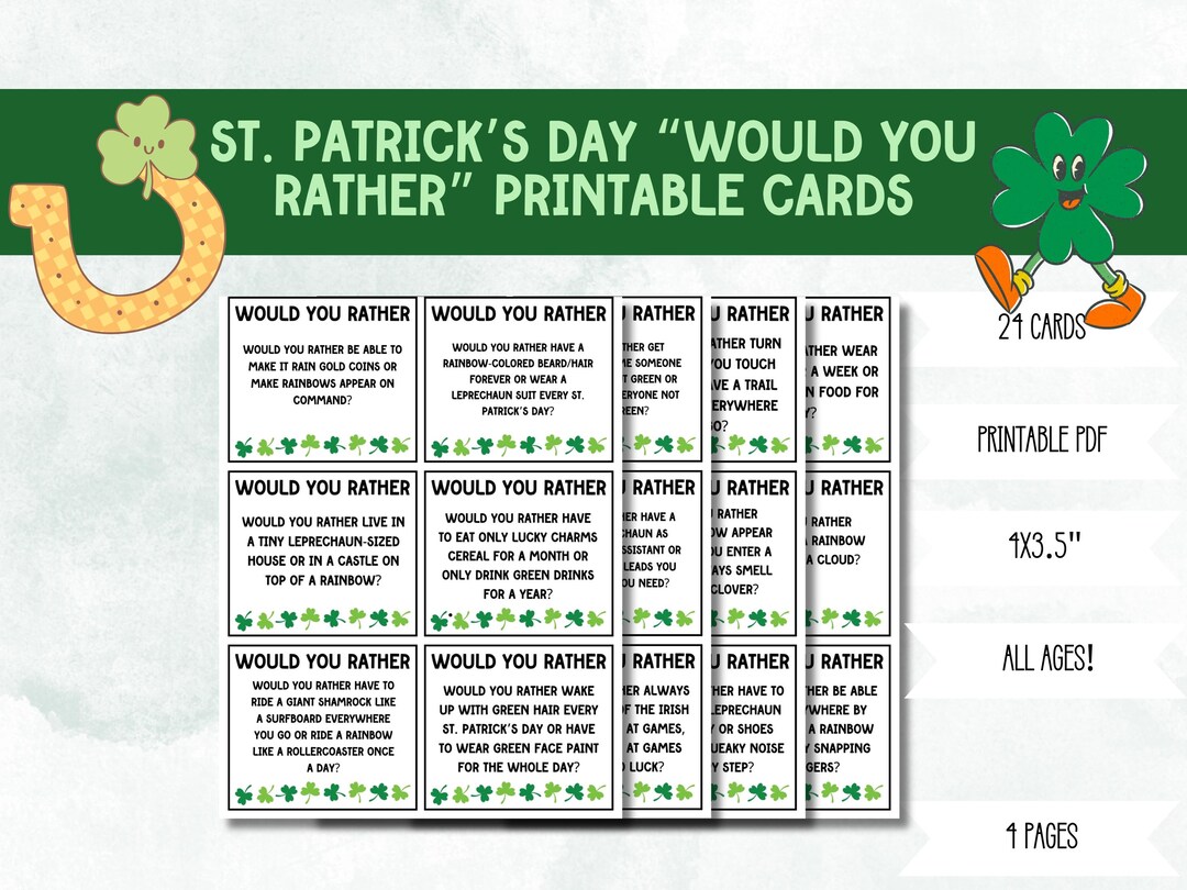 St Patrick's Day Would You Rather Game Cards, Kids & Family (printable ...