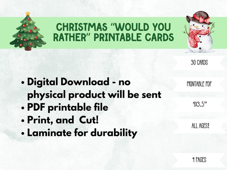 Christmas Would You Rather Game for Kids – 30 Printable Cards, Winter ...