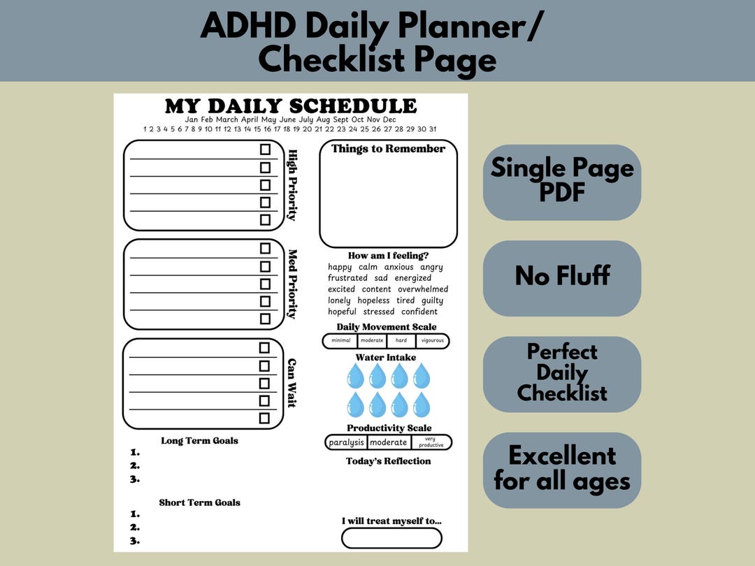 ADHD Daily Planner, Simple One Page Checklist, Autism ADHD Schedule ...