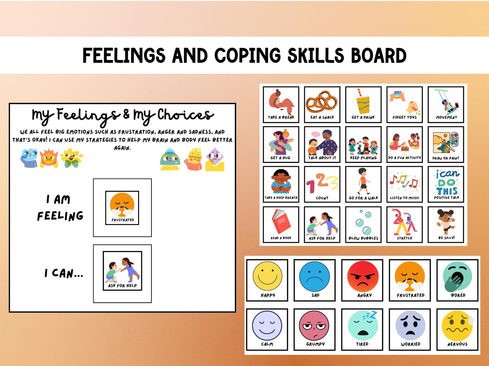 Feelings and Coping Skills Card for Kids, Emotional Regulation Visual ...