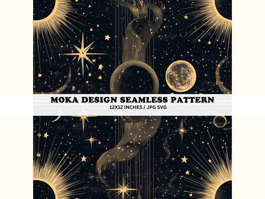 Black and Gold Celestial Seamless Pattern Jpg Svg File, Moon and Stars ...