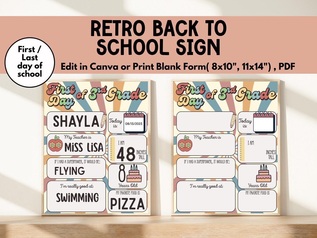 Retro Back to School Sign, First Day Fill in Template (canva Editable ...