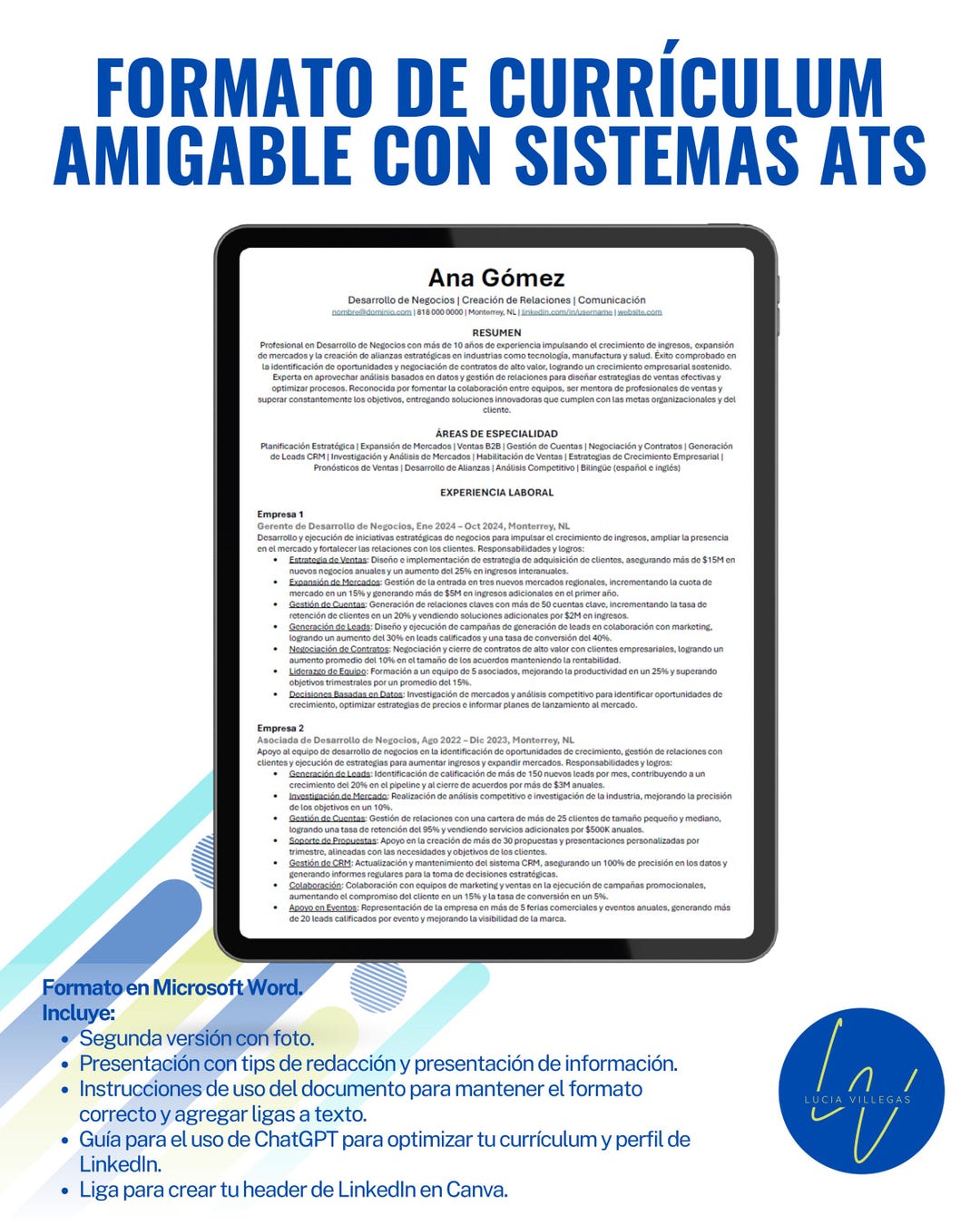 Formato De Currículum / CV / Hoja De Vida Amigable Con Sistemas ATS ...