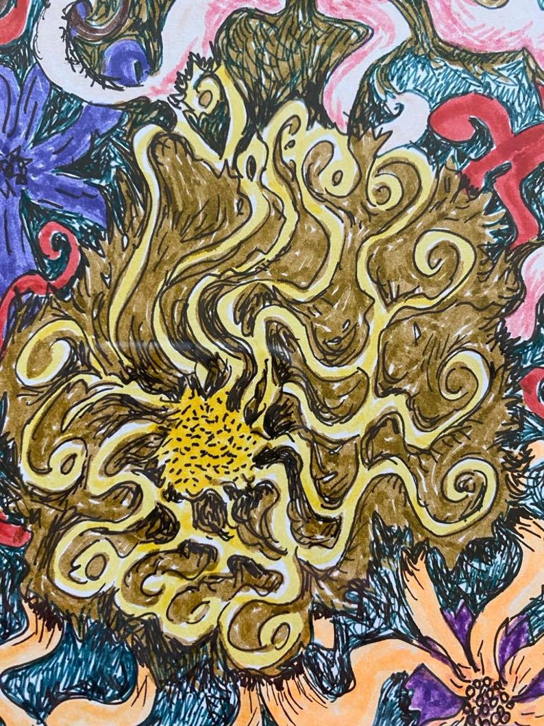 Hand Drawn, Fluorescent Flowers, is a 9" X 12" Illustration of Lively ...