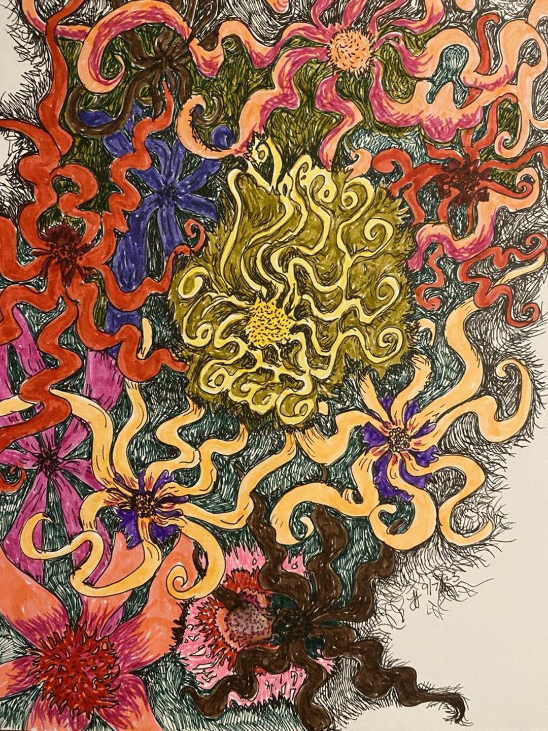 Hand Drawn, Fluorescent Flowers, is a 9" X 12" Illustration of Lively ...