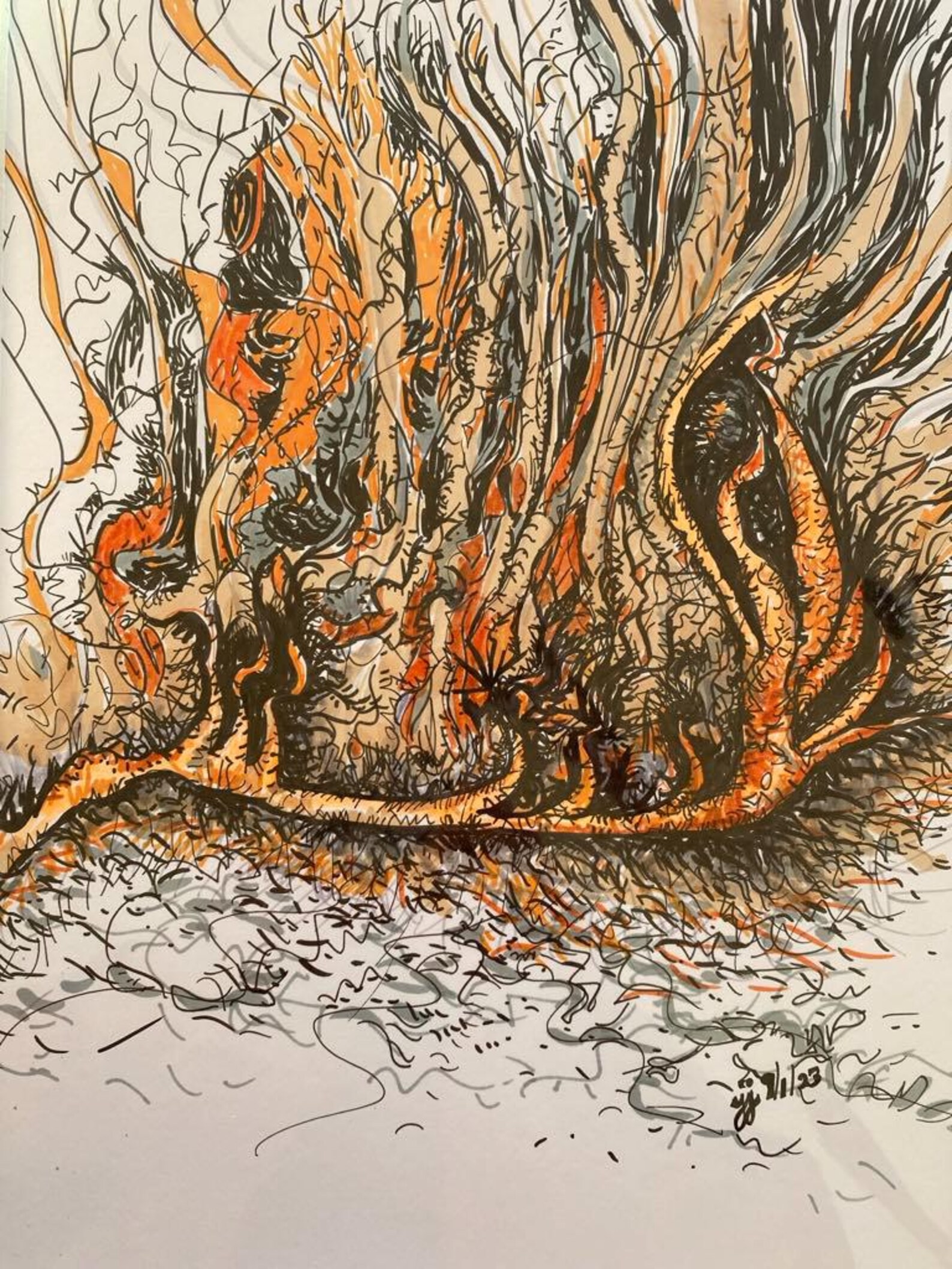 Hand Drawn, Campfire, is a 9" X 12" Pen and Ink Marker Illustration of ...